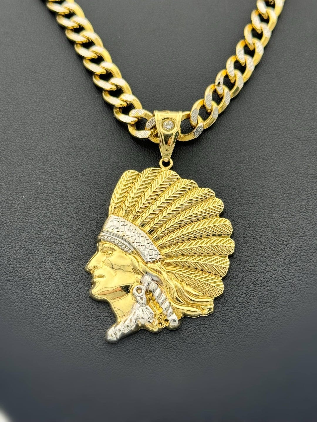10K Gold Indian Chief Pendant Necklace, Two-tone Curb Chain - Etsy