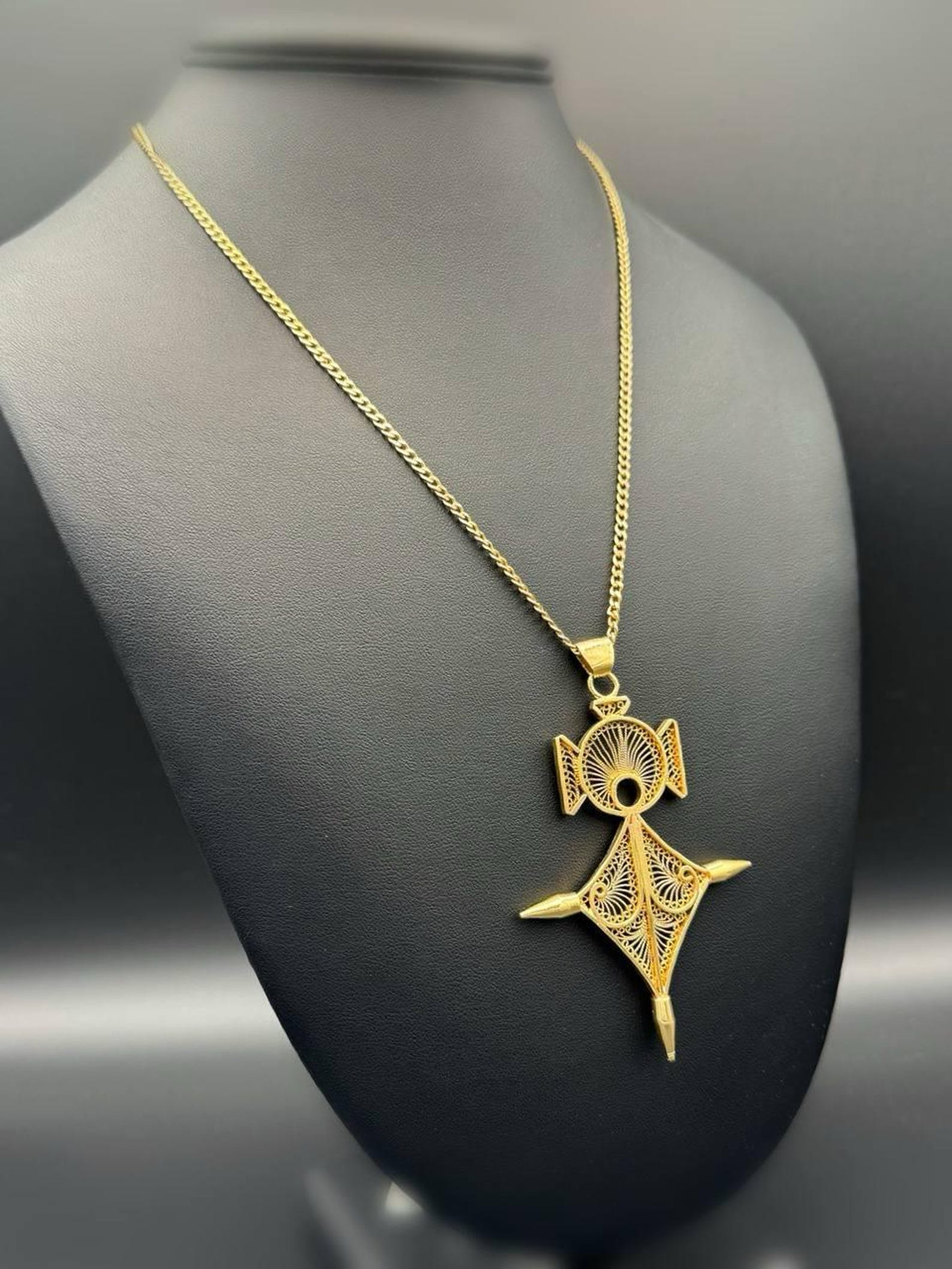 17k Solid Gold Filigree Africa Cross Pendant Necklace, 28" Curb Chain ...
