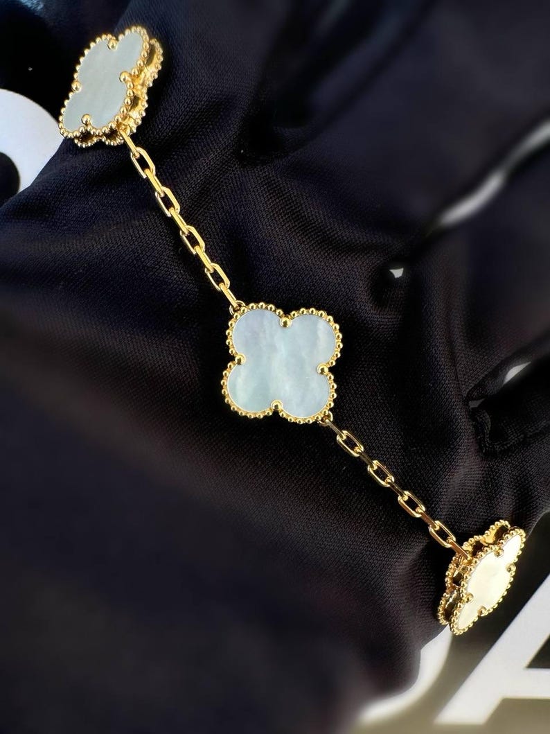 18k Yellow Gold Van Cleef Alhambra Style White Mother of Pearl 5 Motifs ...