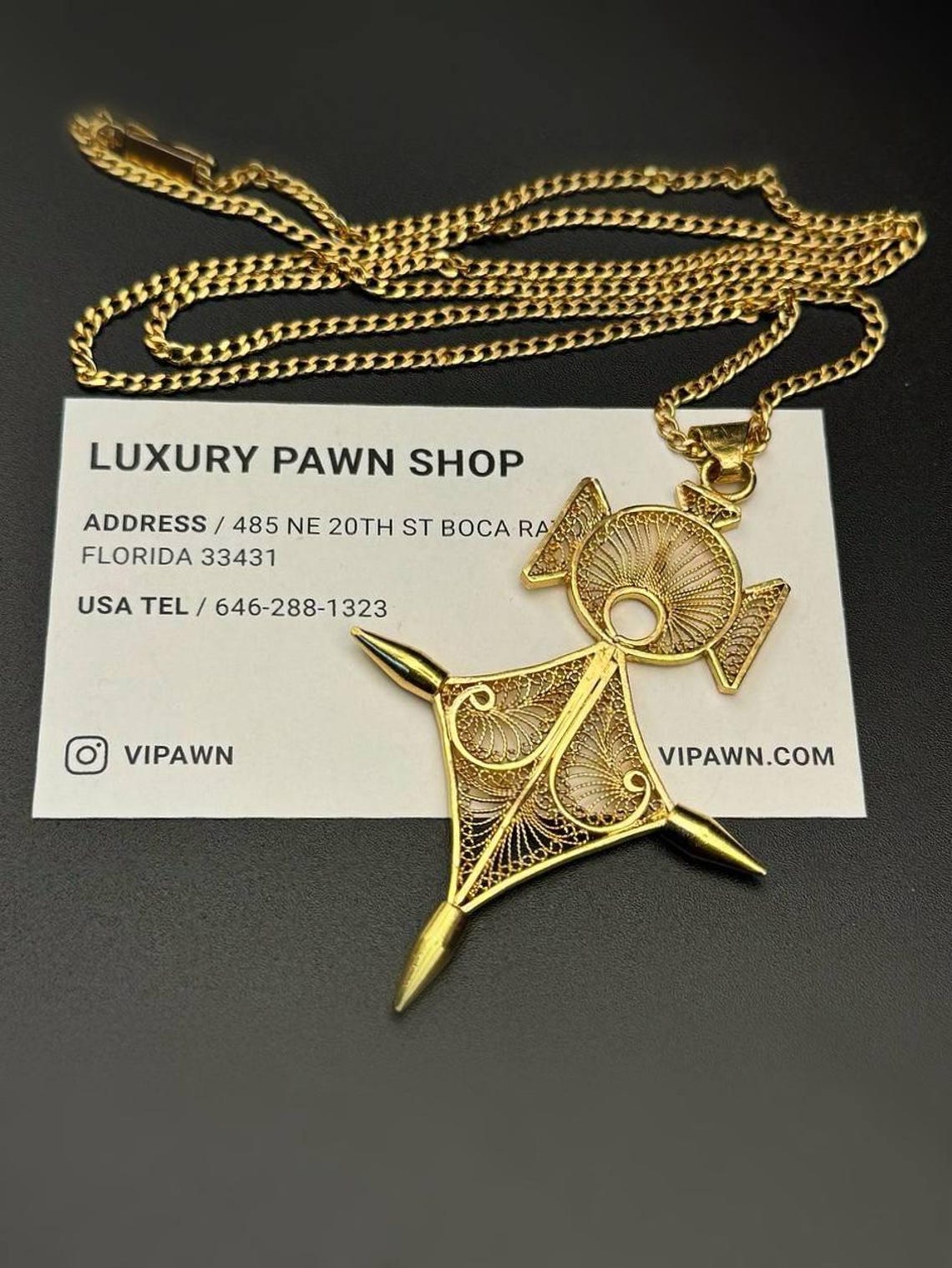 17k Solid Yellow Gold Filigree Africa Cross Pendant & 28 Curb Chain 2 ...