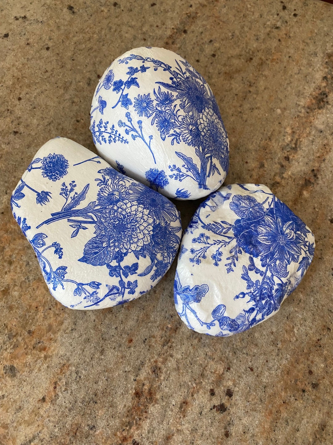 Set of 3 Blue Floral River Rocks, Decorated Rocks, Decoupaged Rocks ...