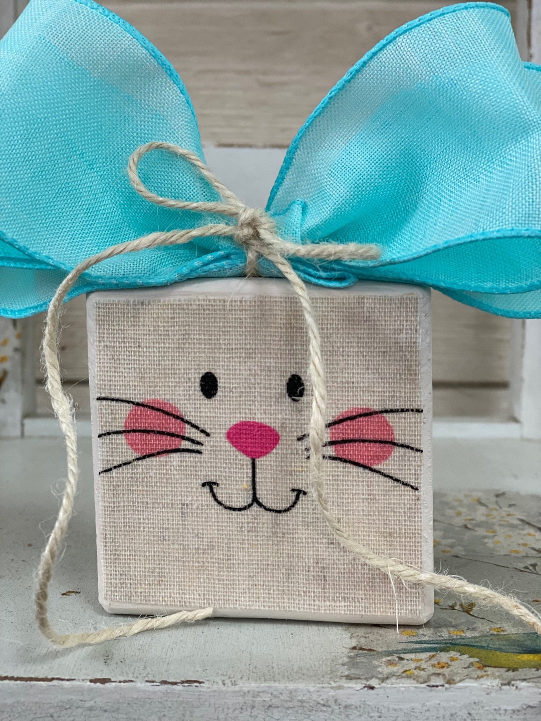 Spring Bunny Small Wooden Block With Ribbon Ears, Bunny to Place on a ...