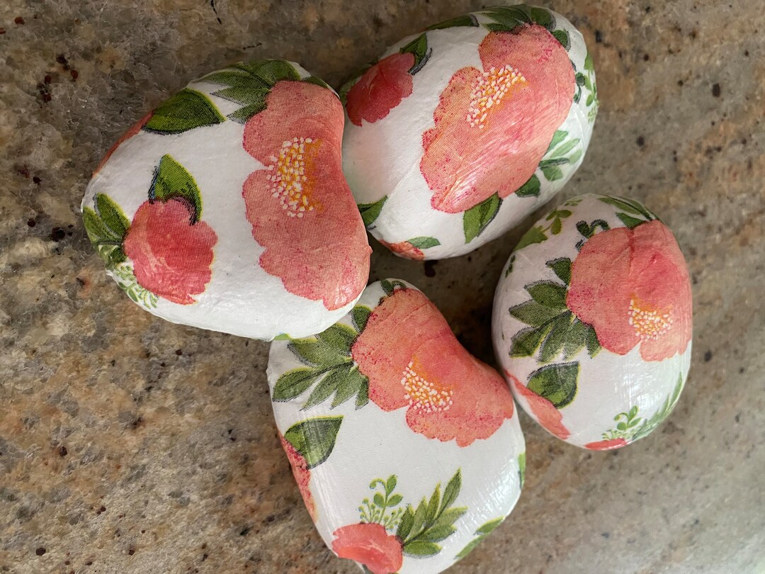 Set of 4 Rose Floral River Rocks, Decorated Rocks, Decoupaged Rocks ...