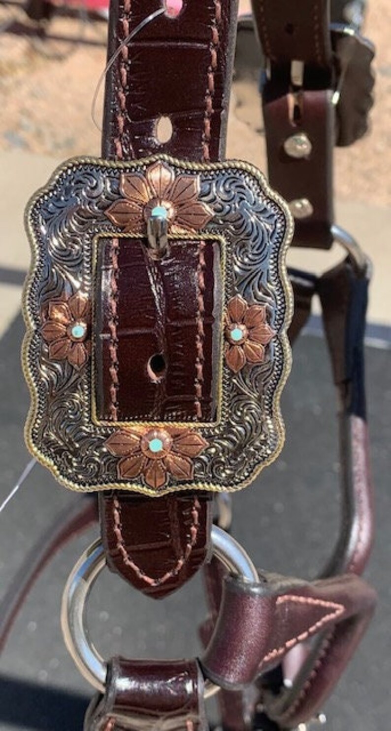 Crocodile Embossed Leather Halter With Antique Silver and Copper Flower ...