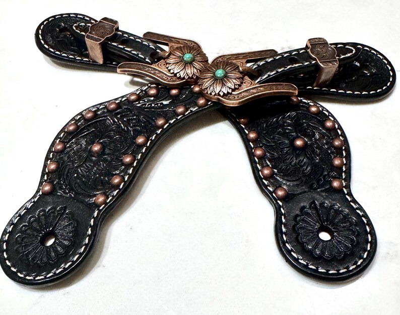 Ladies Black Floral Leather Spur Straps With Antique Copper - Etsy