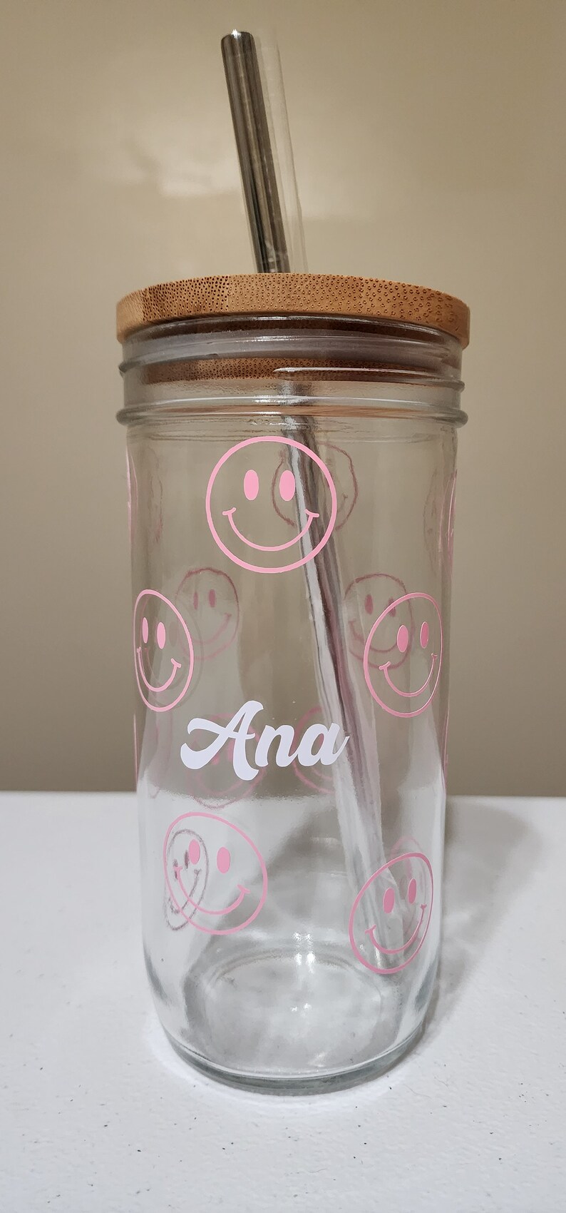 Personalized Smiley Face Glass Cup With Bamboo Lid and Stainless Steel ...