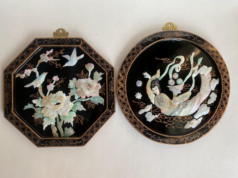 Vintage Set Black Lacquer Gold Accent Mother of Pearl Hanging Plaques ...