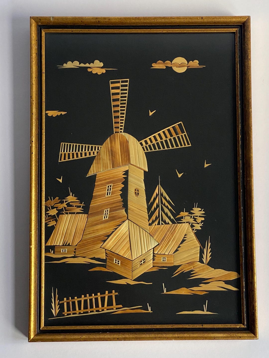 Vintage Framed Straw Art Windmill Scene - Etsy
