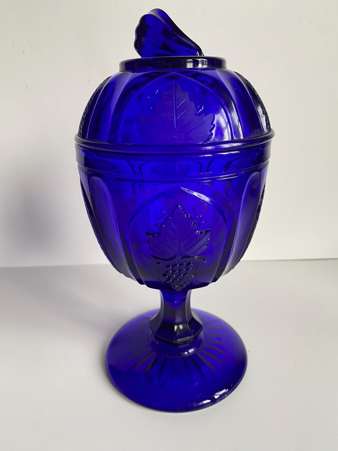 Vintage Cobalt Blue Pressed Glass Covered Pedestal Candy Dish - Etsy