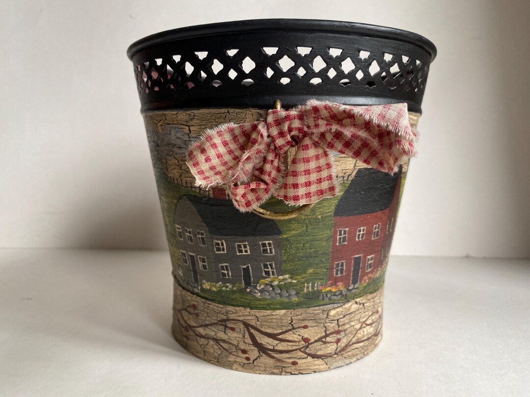 Vintage Signed Painted Folk Art Decorative Metal Pail - Etsy