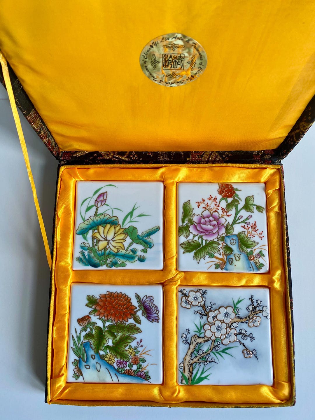 Vintage Hand Painted Signed Floral Tiles the Arts & Treasures of Xi Lin ...