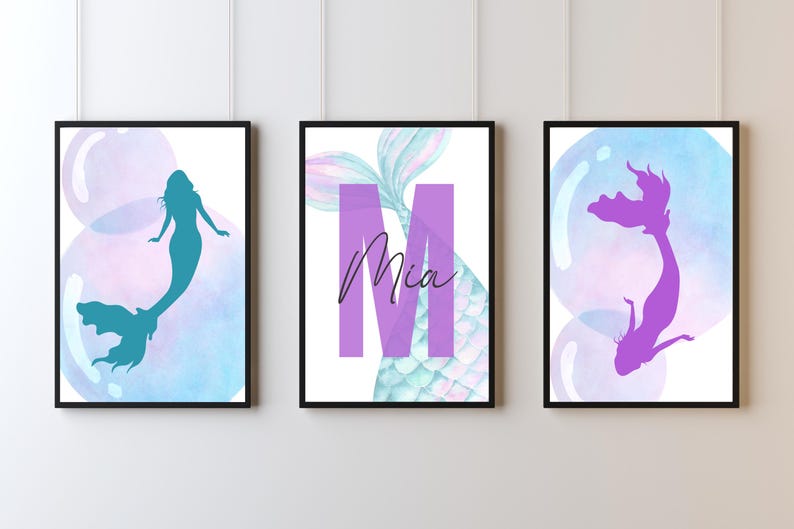 Custom Mermaid Nursery Wall Art Set of 3 – Personalized Name & Initial ...