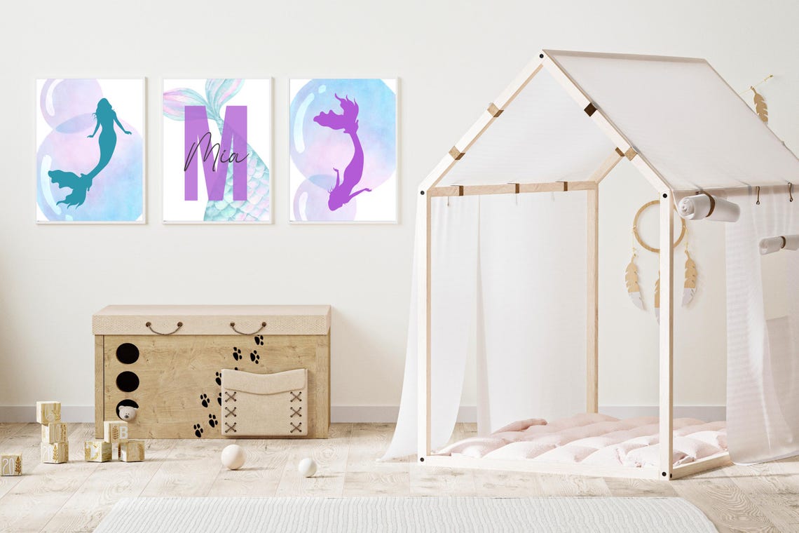 Custom Mermaid Nursery Wall Art Set of 3 – Personalized Name & Initial ...