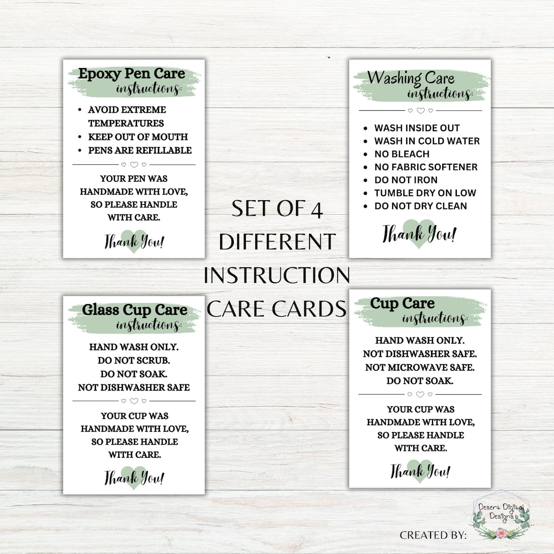 Printable Care Instruction Card Bundle Care Card Bundle Small Business ...