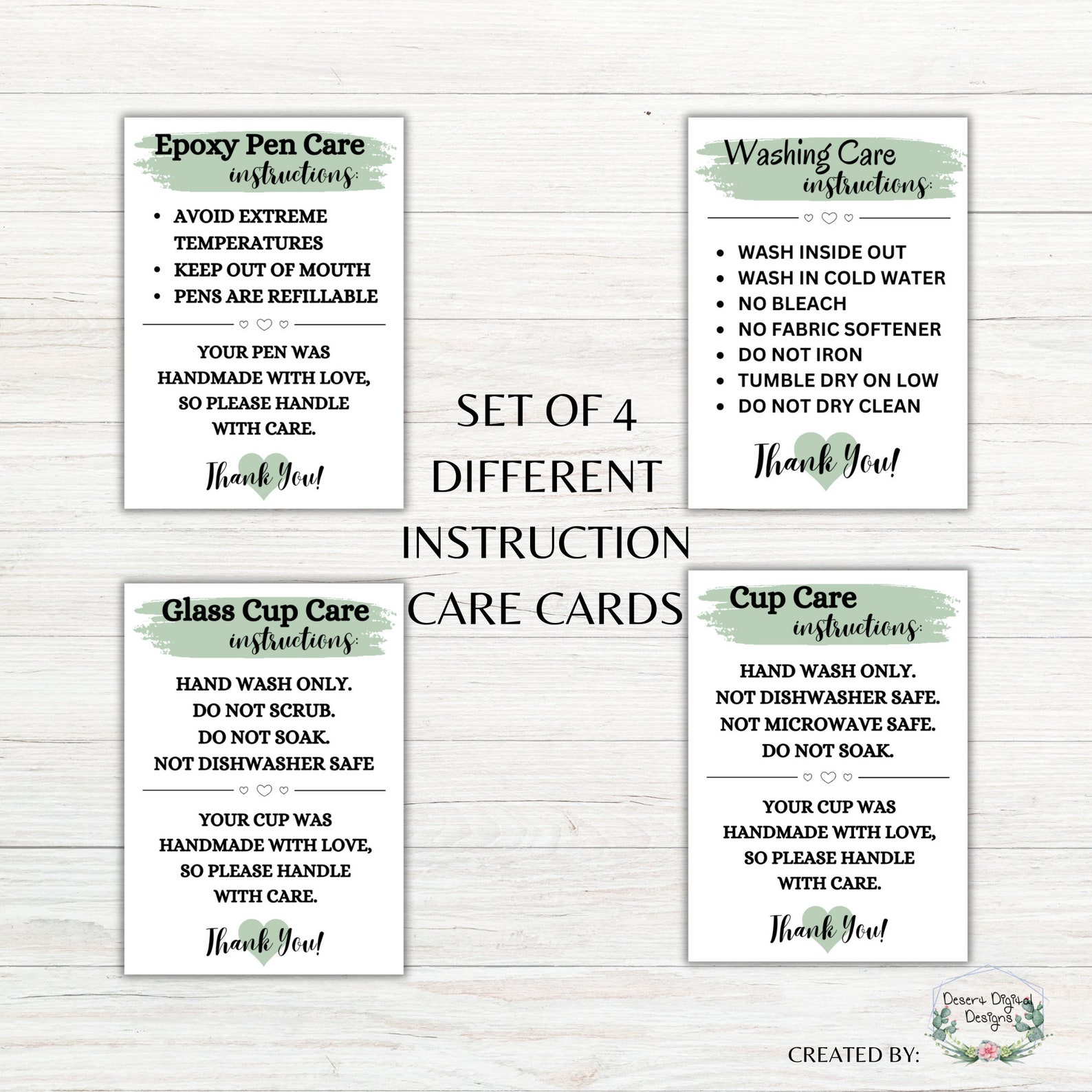 Printable Care Instruction Card Bundle Care Card Bundle Small Business ...