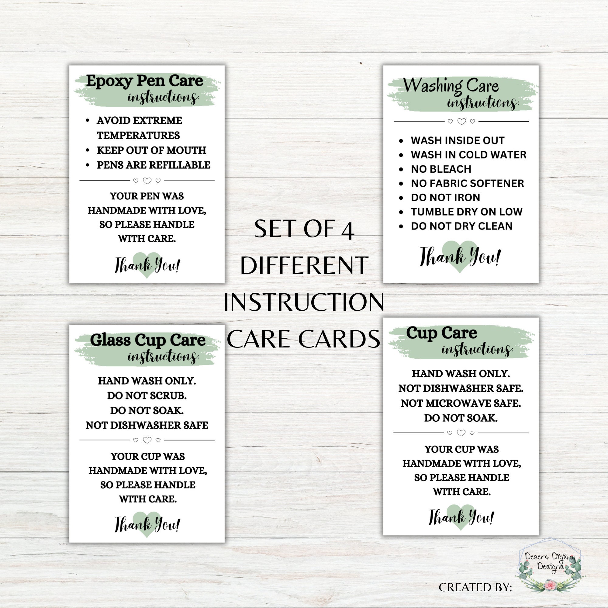 Printable Care Instruction Card Bundle Care Card Bundle Small Business ...