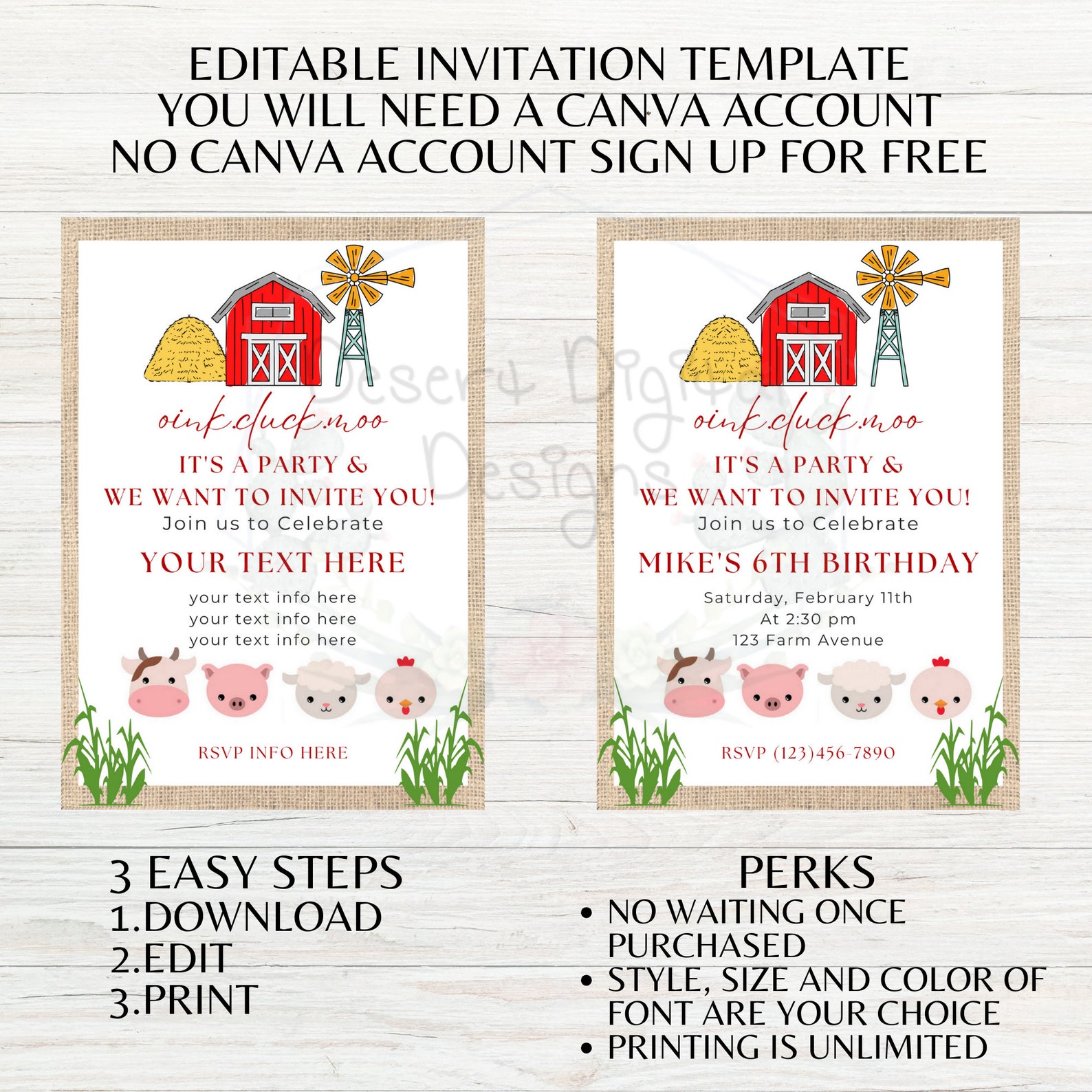 Editable Farm Themed Birthday Invitation Canva Template Printable Party ...