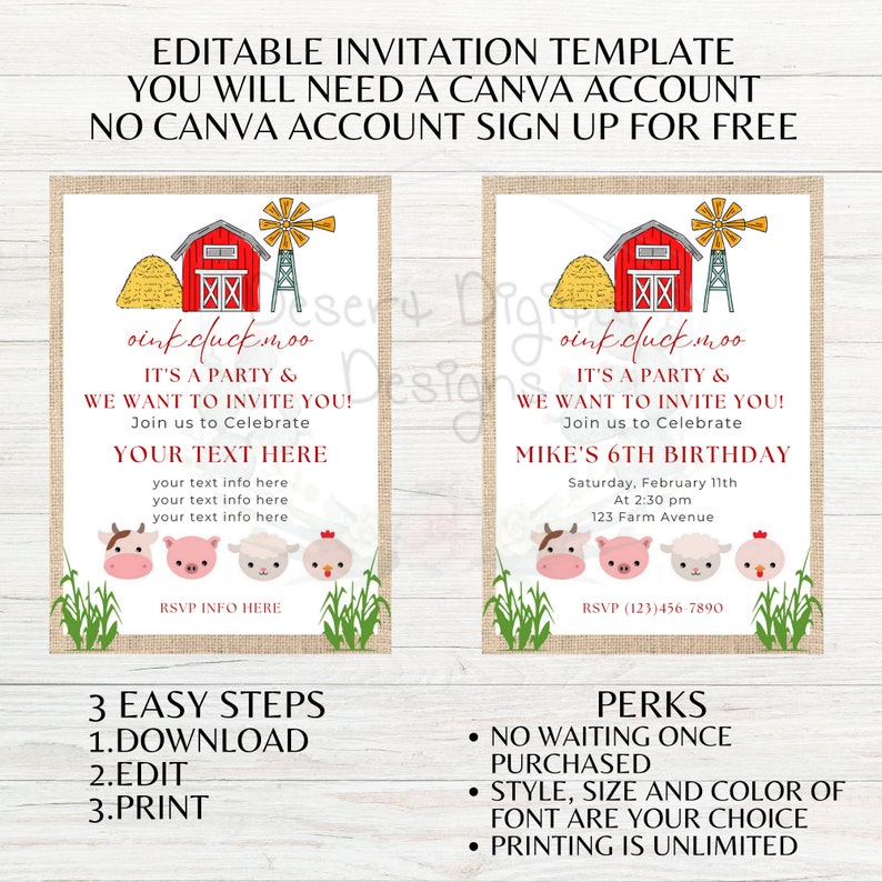 Editable Farm Themed Birthday Invitation Canva Template Printable Party ...