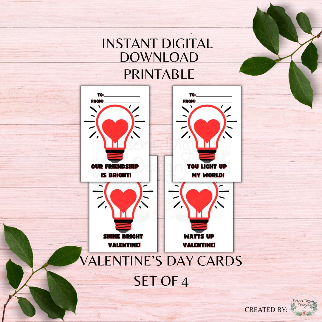 Light Bulb Printable Valentine's Day Cards Set of 4 Valentine Cards ...