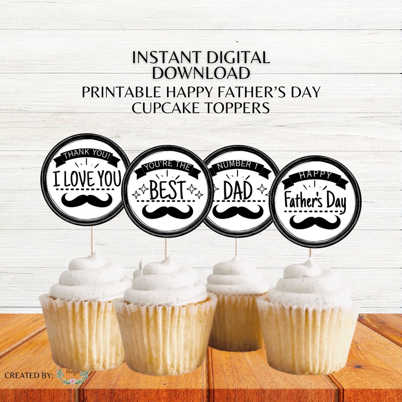 Father's Day Printable Cupcake Toppers Mustache Themed Toppers Sticker ...