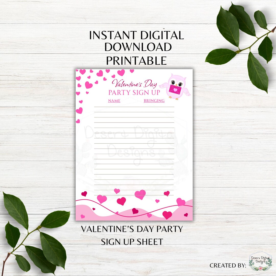 Valentine's Day Party Sign up Sheet Printable Valentine Potluck Sign up ...