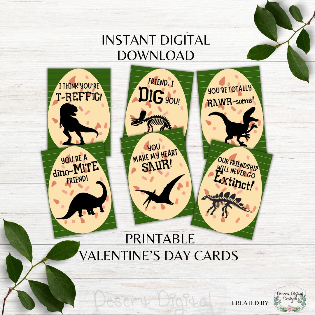 Dinosaur Valentine's Day Cards Printable Set of 6 Dino Themed Valentine ...