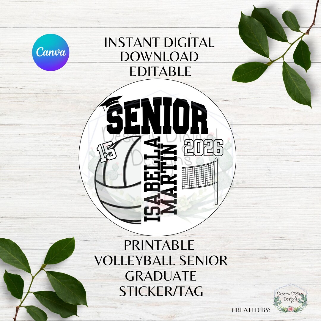 Senior 2026 Graduate Editable Volleyball Sticker Tag Printable Sports ...