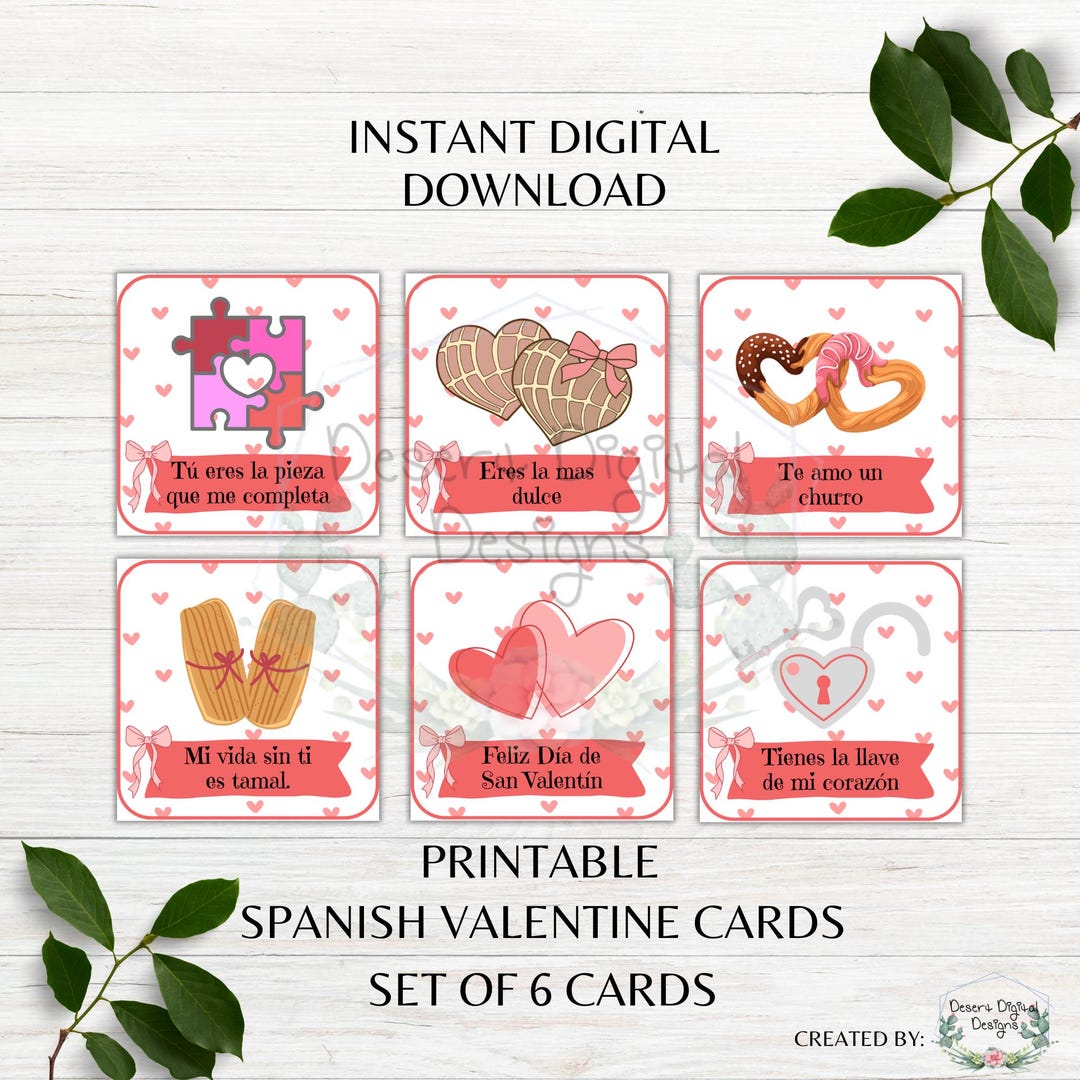 Spanish Valentine's Day Cards Printable Set of 6 Tarjetas Imprimibles ...
