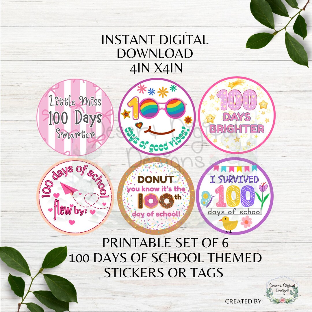 100 Days Brighter Stickers I Survived 100 Days of School Tags Printable ...