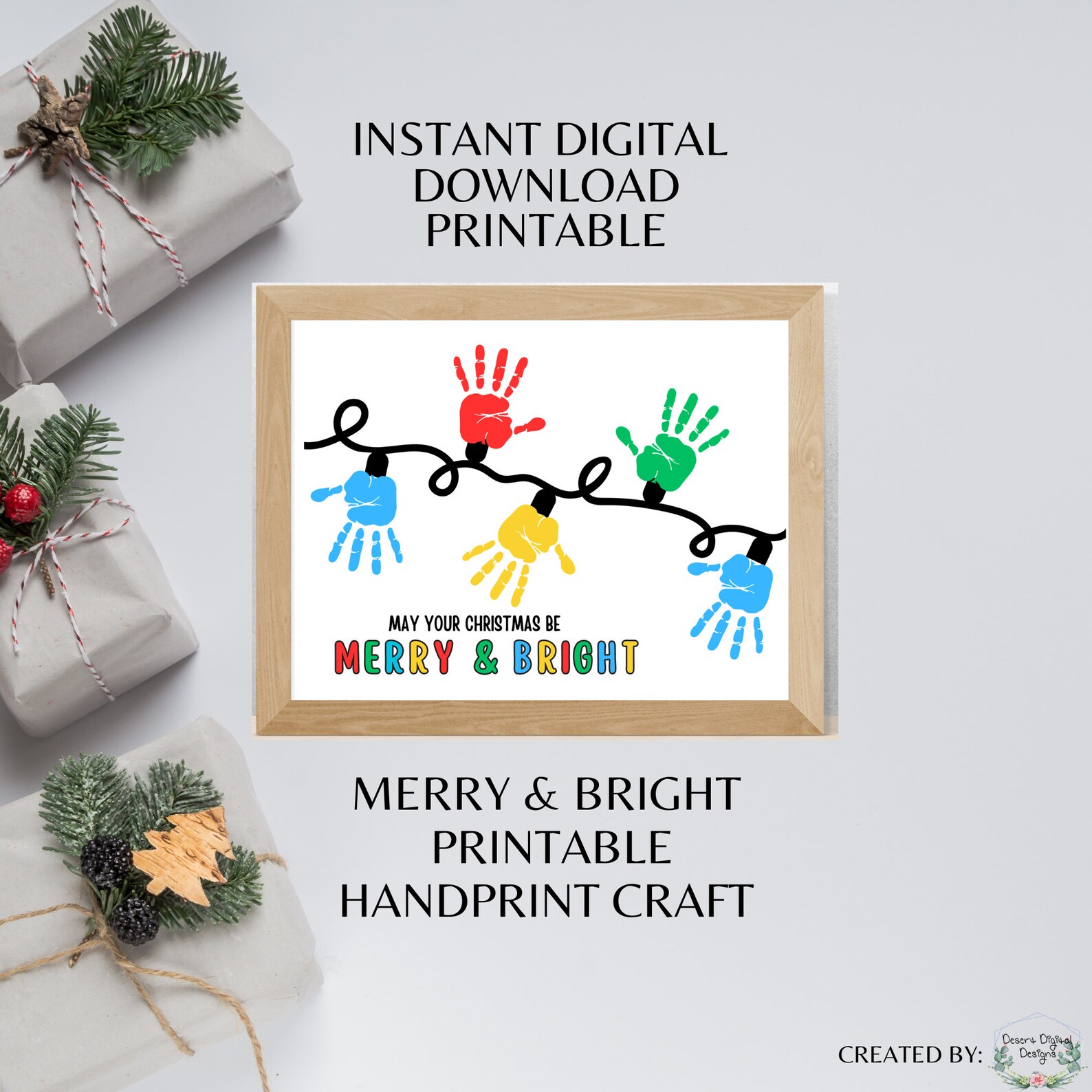 Merry & Bright Handprint Printable Christmas Lights Craft Handprint ...
