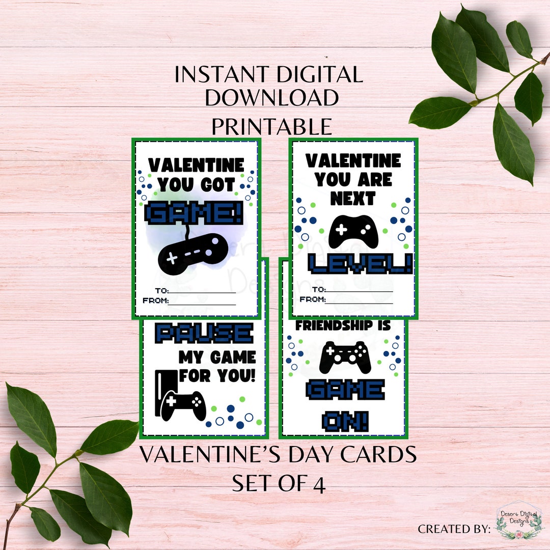 Gamer Themed Printable Valentine's Day Cards Set of 4 Valentine Cards ...