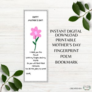 Mother's Day Printable Bookmark Flower Fingerprint Bookmark Mother's ...
