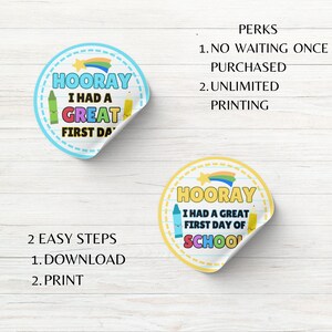 First Day of School Printable Set of 2 Stickers Tags Great First Day ...