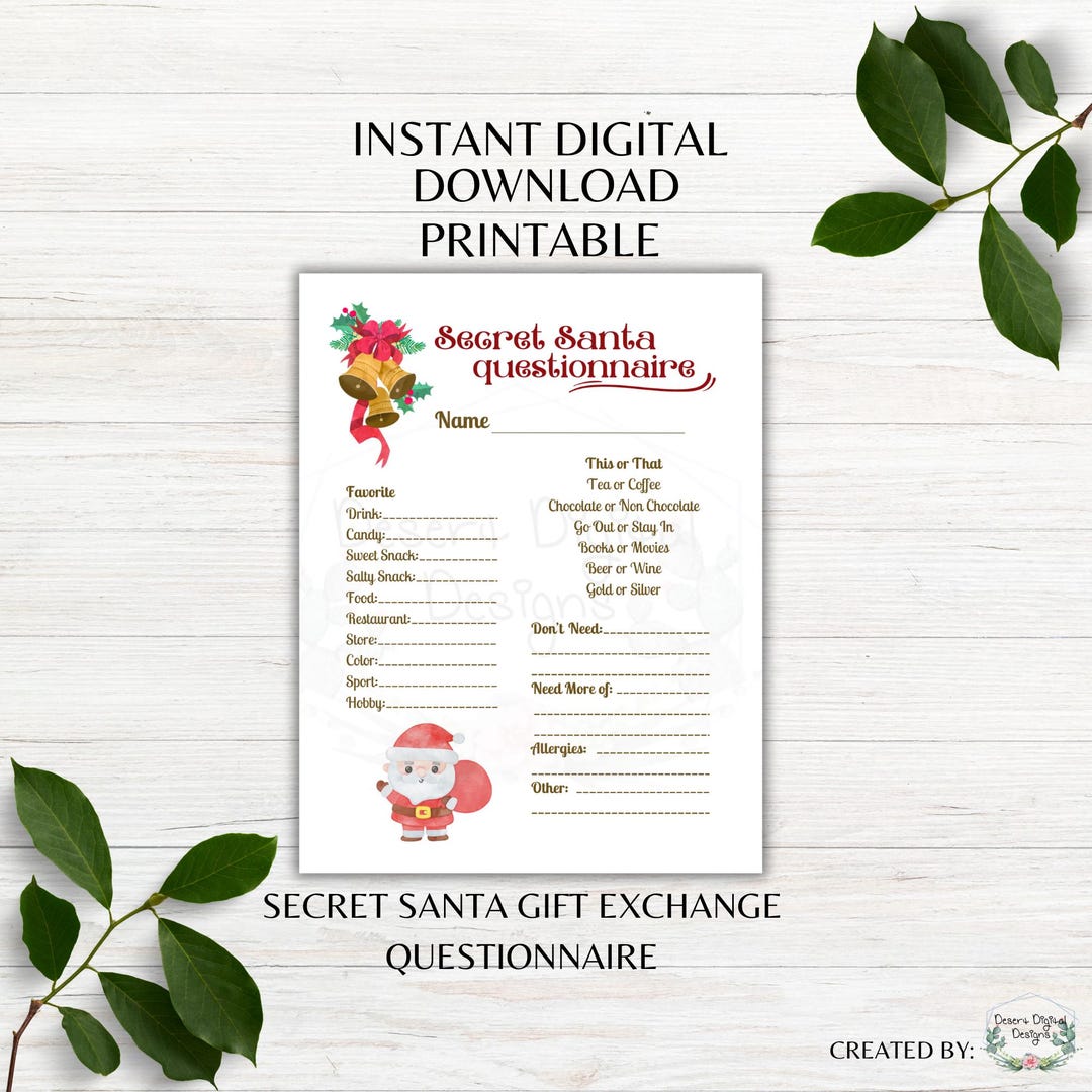 Secret Santa Questionnaire Printable Christmas Questionnaire Secret ...