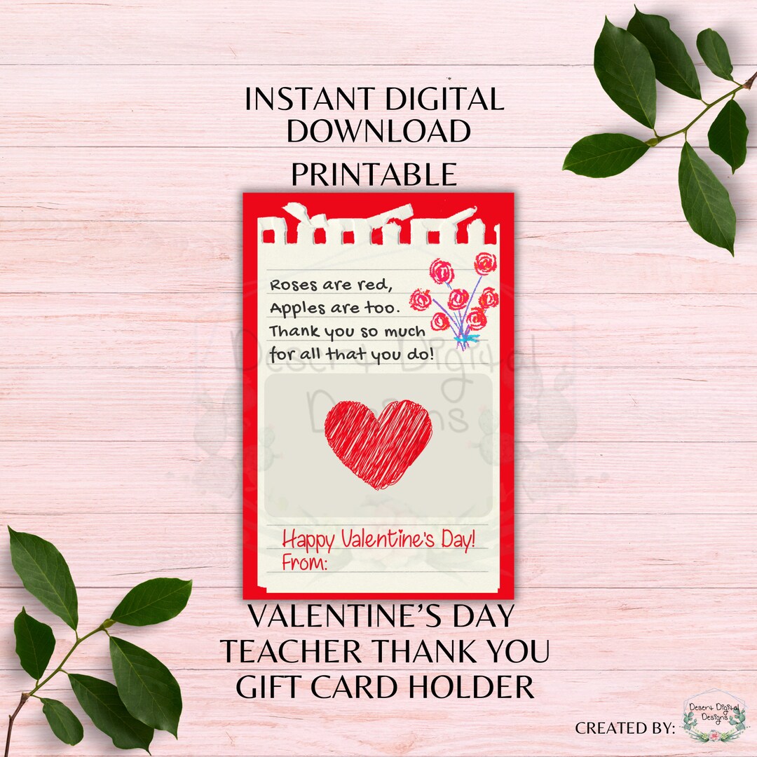 Teacher's Thank You Printable Valentine's Day Gift Card Holder Thank ...