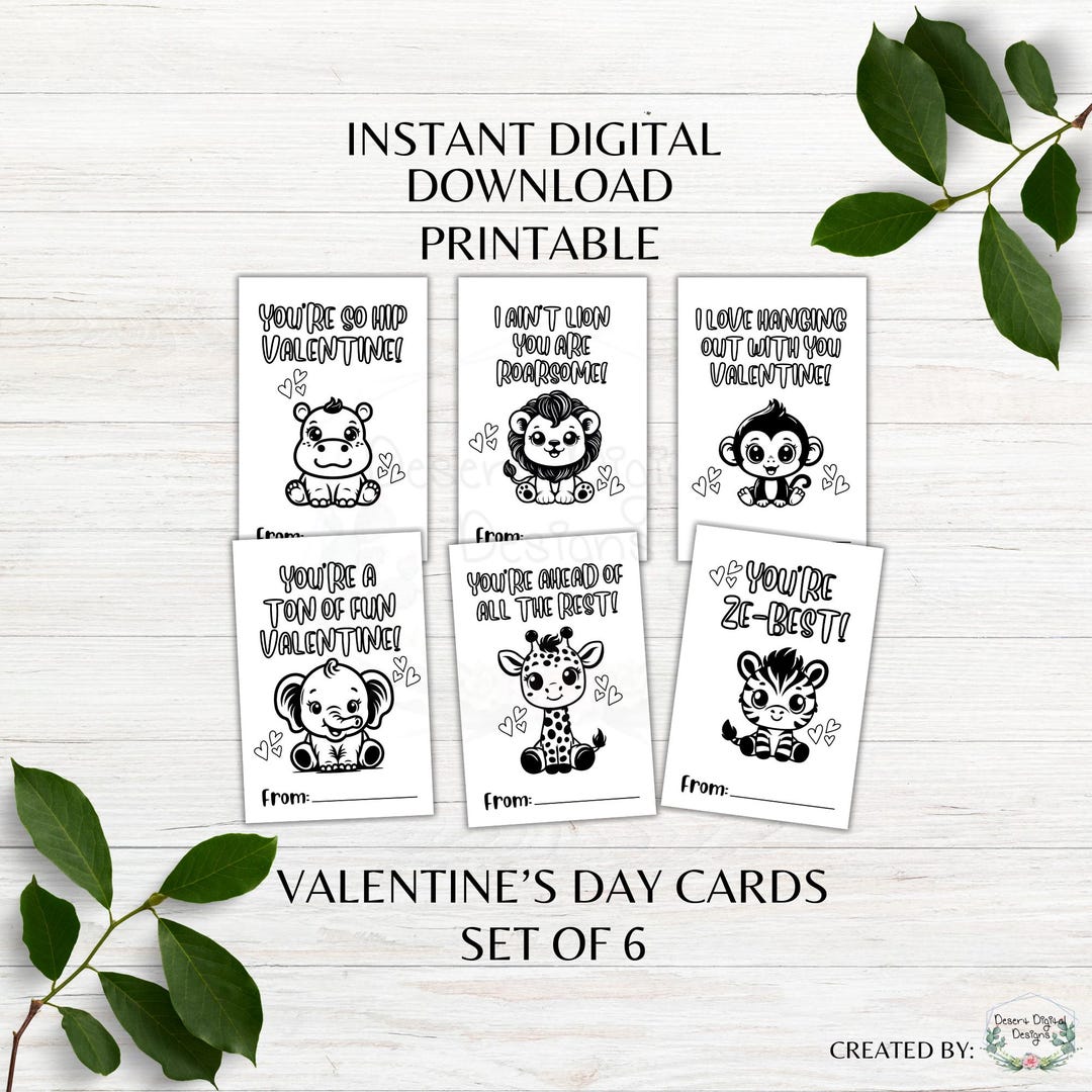 Safari Animal Themed Coloring Valentine's Day Printable Set of 6 Cards ...