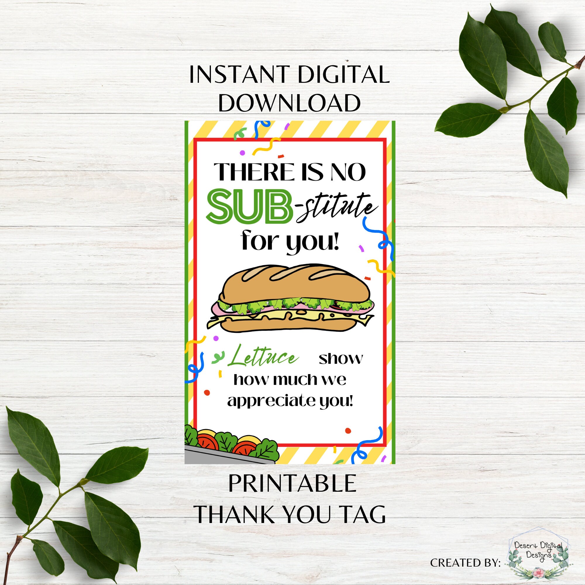 Teacher Thank You Printable Appreciation Tag No Sub-stitute for You ...