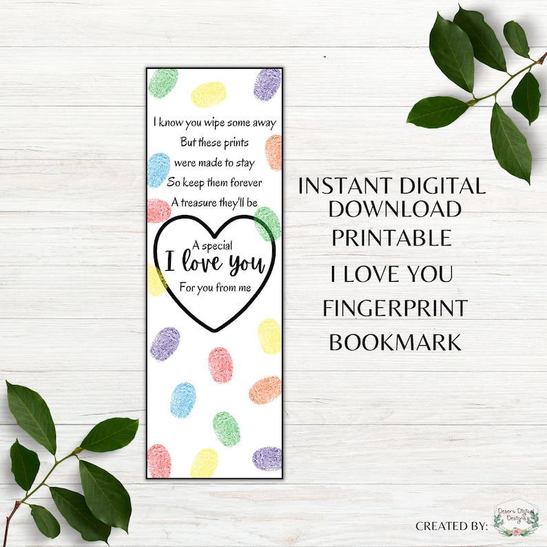 I Love You Printable Bookmark Fingerprint Mother's Day Bookmark Father ...