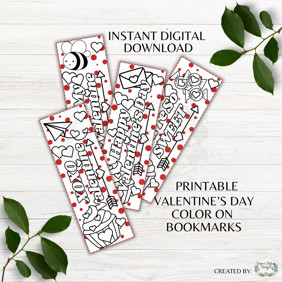 Valentine's Day Printable Coloring Bookmarks Set of 4 Ready to Print ...