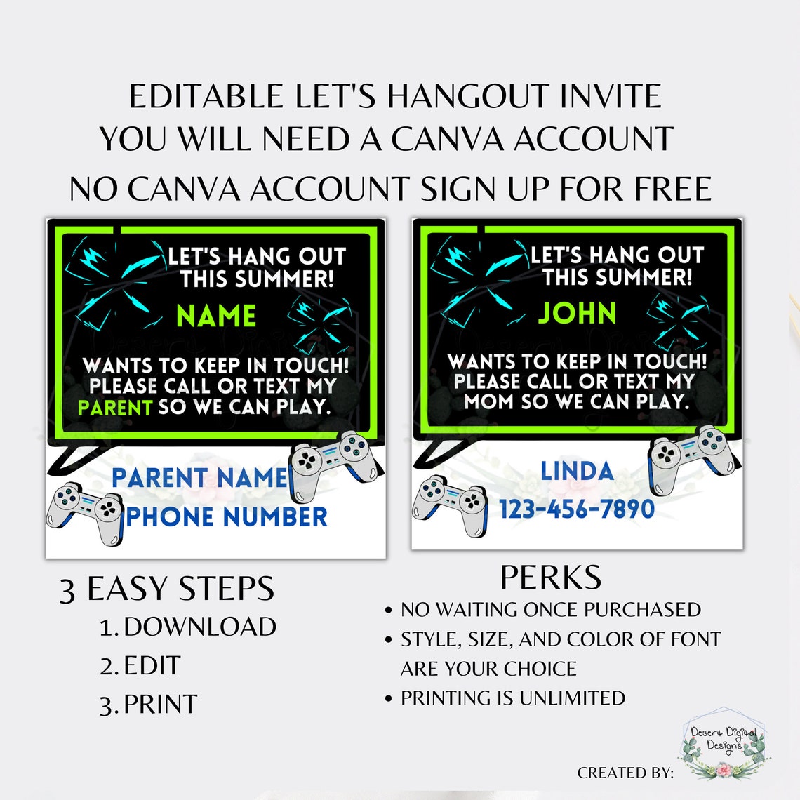 Editable Gamer Let's Hangout Invite Printable Playdate Invite Card ...