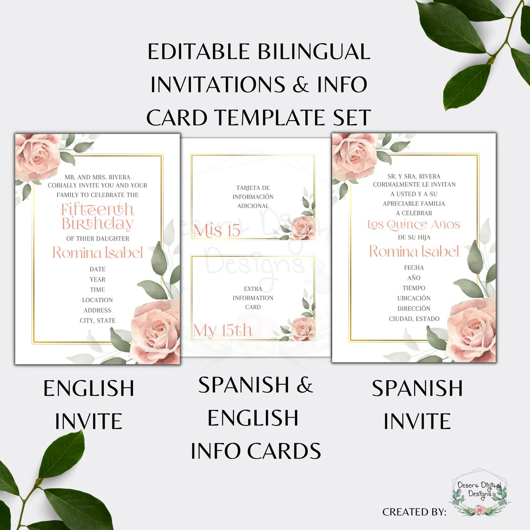 Editable Bilingual Quinceanera Invitations and Info Cards - Etsy