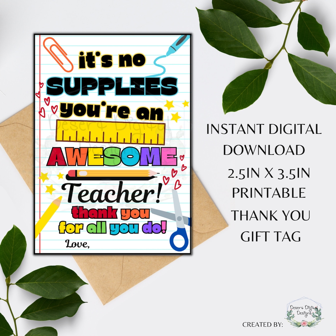 Printable Thank You Gift Tag Colorful Printable Teacher Card School ...
