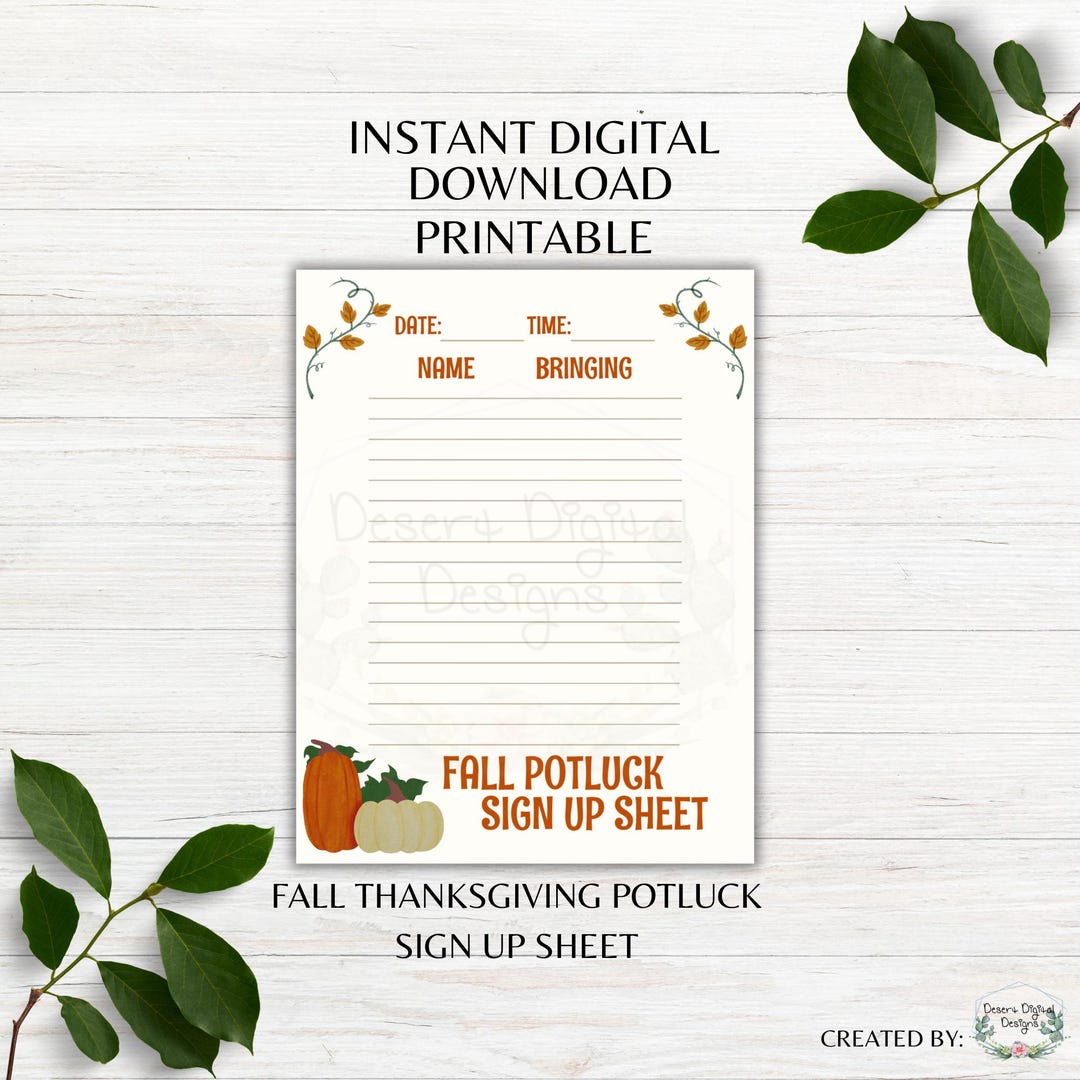 Fall Potluck Sign up Sheet Printable Thanksgiving Potluck Sign up Sheet ...