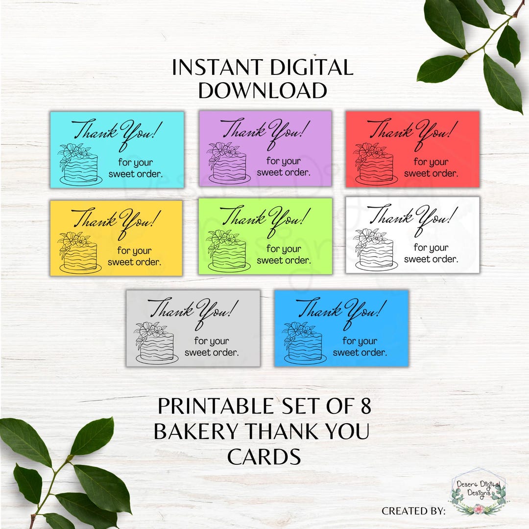 Thank You Bakery Cards Ready to Print Colorful Thank You Cards Set of 8 ...