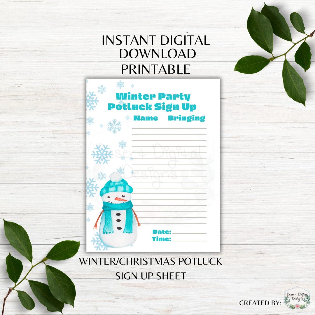 Christmas Potluck Sign up Sheet Printable Winter Potluck Sign up Sheet ...