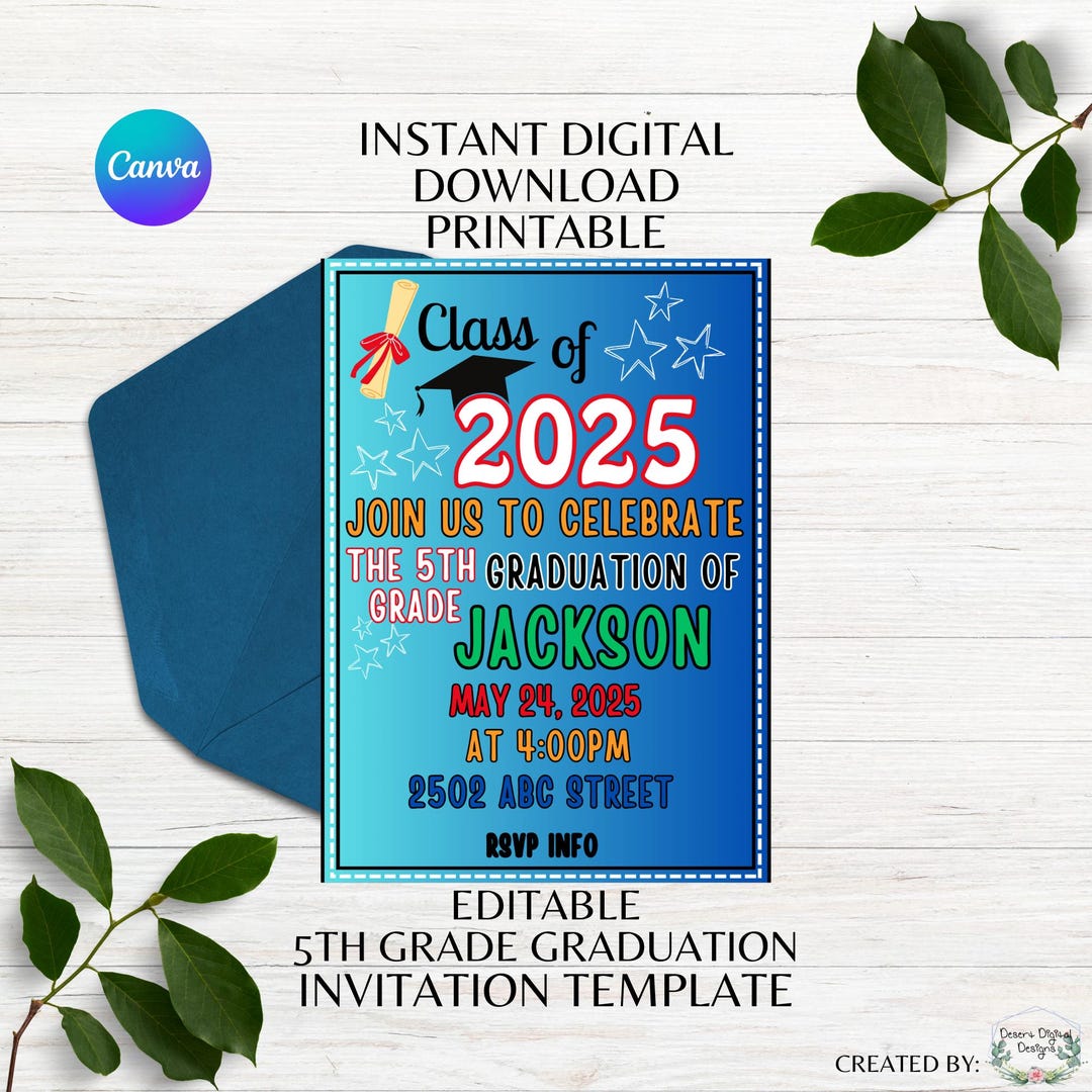 5th Grade Editable 2025 Graduation Invitation Printable 5th Grade ...