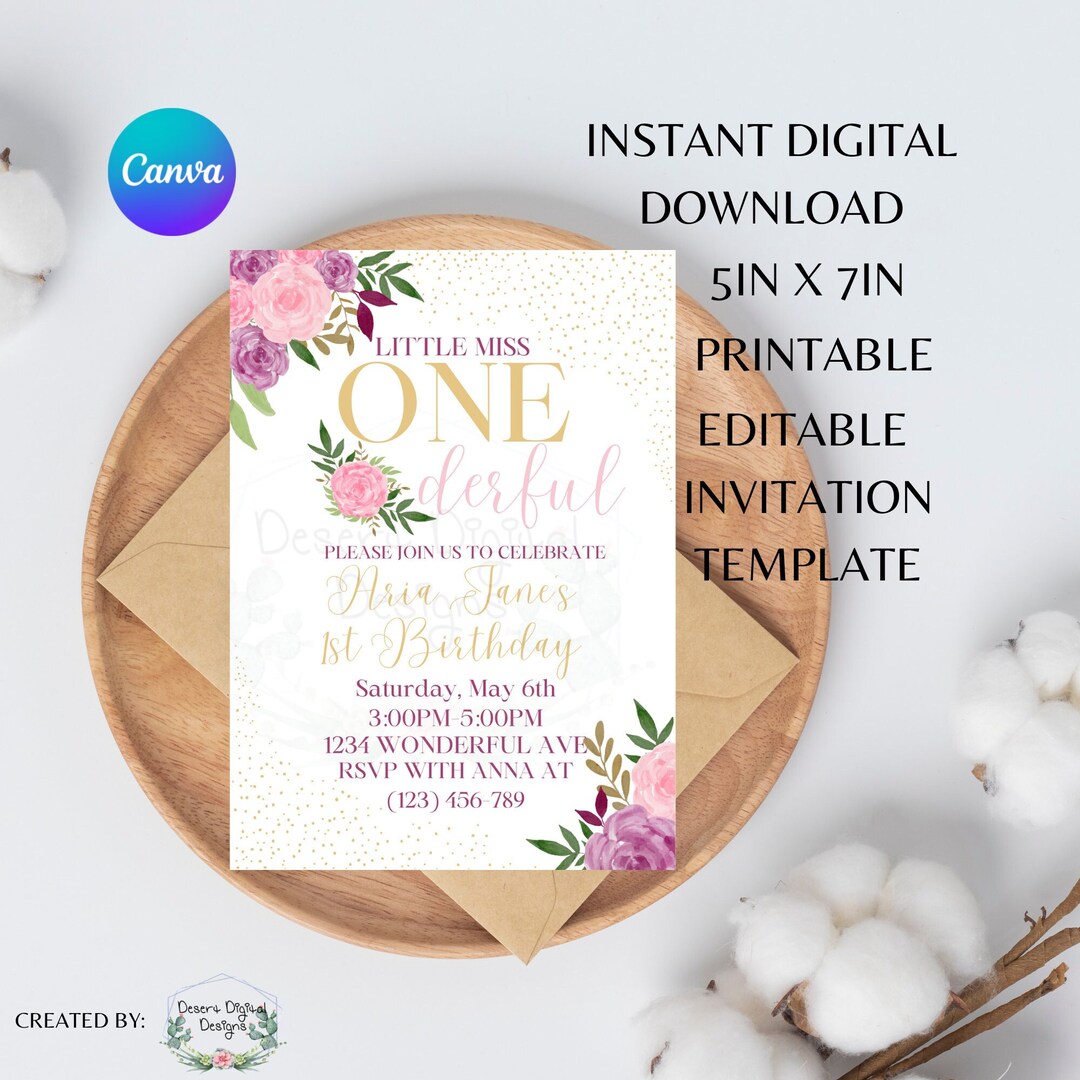 Editable First Birthday Invitation Onederful 1st Birthday Invite Little ...