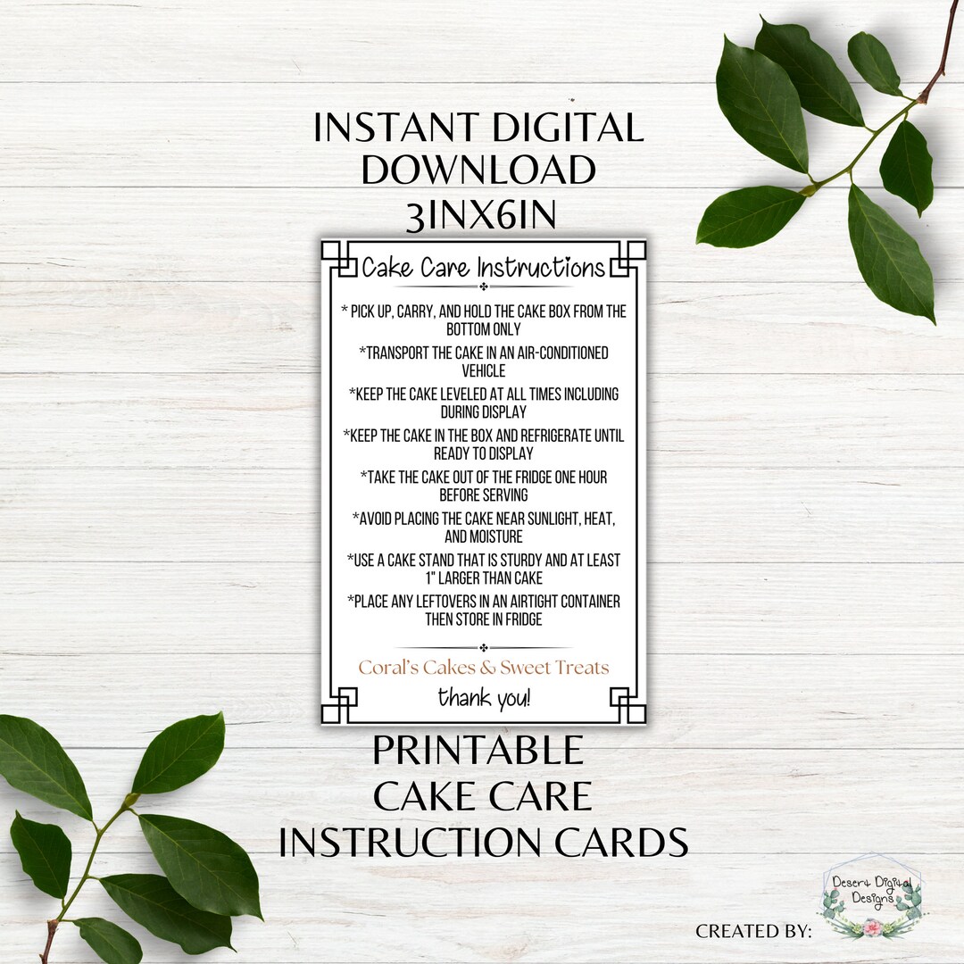 Cake Care Instruction Card Editable Cake Care Instruction Tag or Card ...