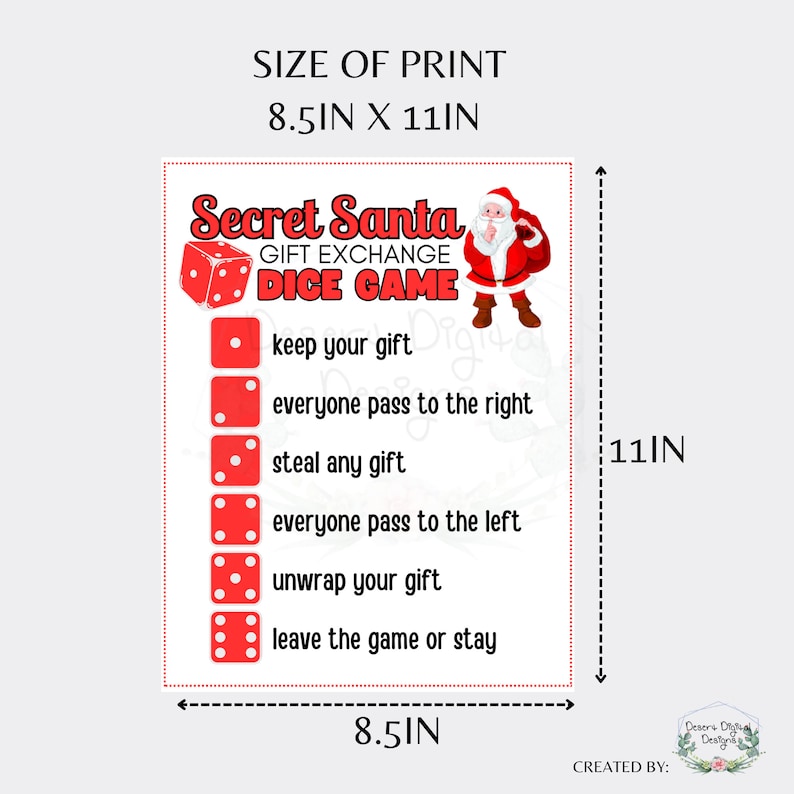 Secret Santa Gift Exchange Dice Game Holiday Party Game Printable Dice ...