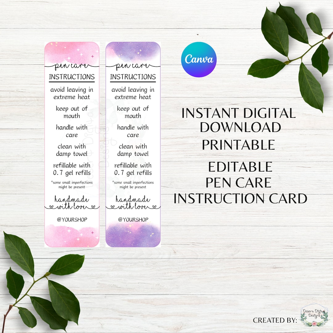 Editable Pen Care Instruction Cards Pen Care Cards Set of 2 Instruction ...